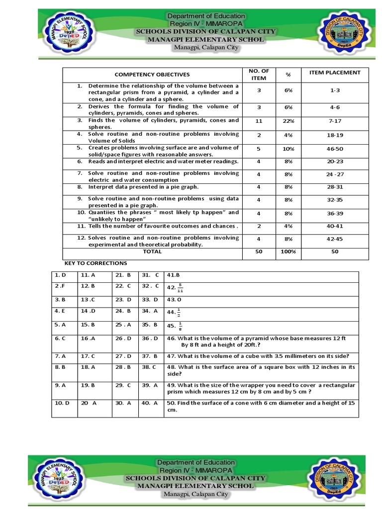 Math 6 Fourth Periodic Test 2018-2019 | PDF | Volume | Sphere