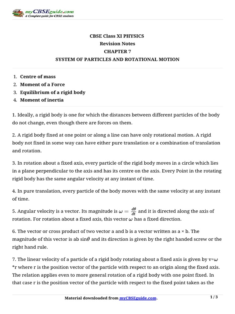 Cbse Class Xi Physics Revision Notes System of Particles and Rotational ...