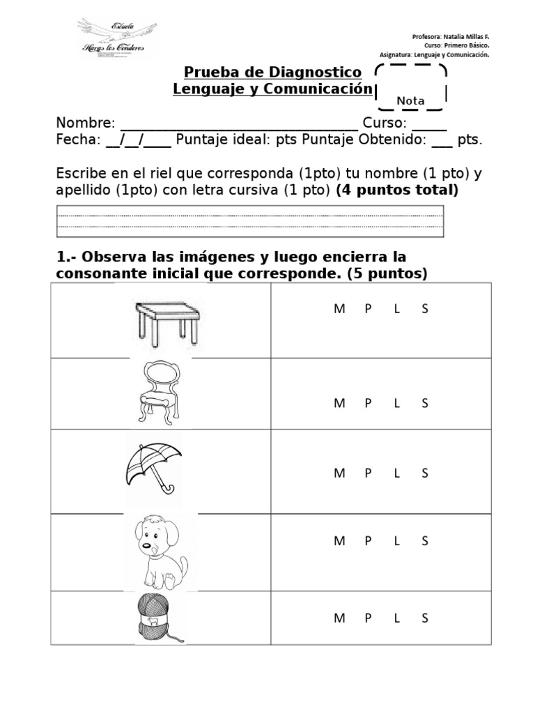 Prueba de Diagnostico de Lenguaje Primero Basico | PDF | Lingüística