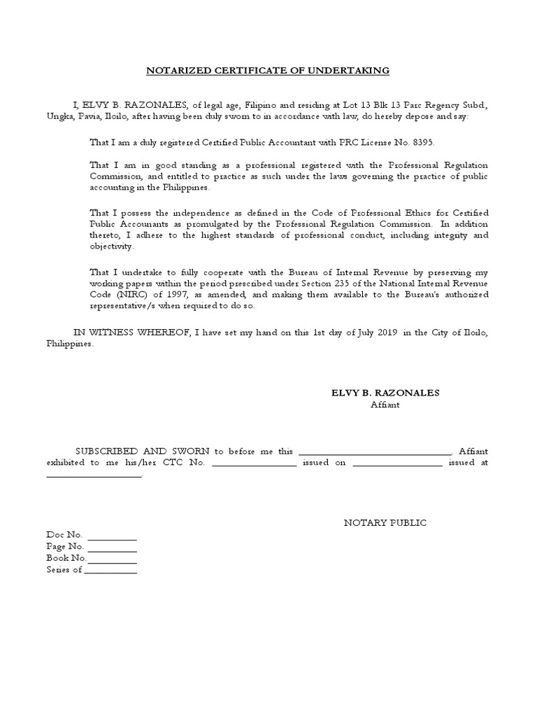 Certification of Undertaking for BIR | PDF