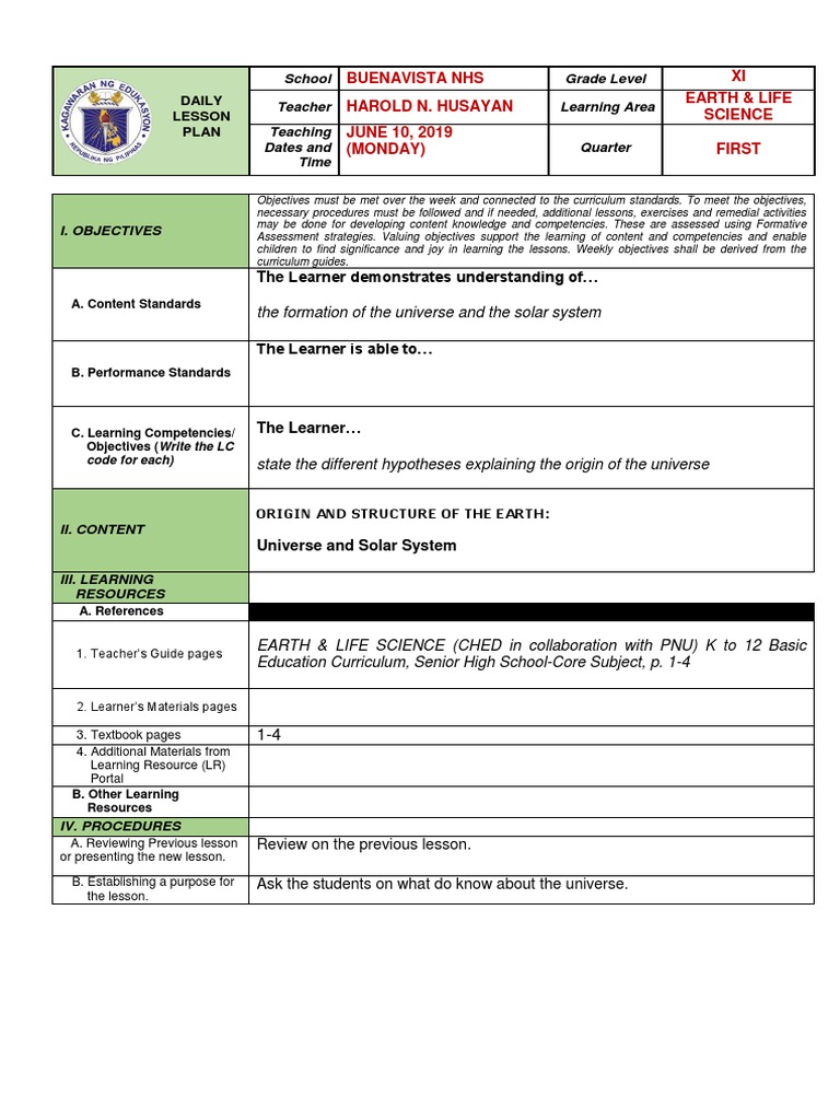 Grade 11 Earth Science Lesson Plan | PDF | Learning | Curriculum