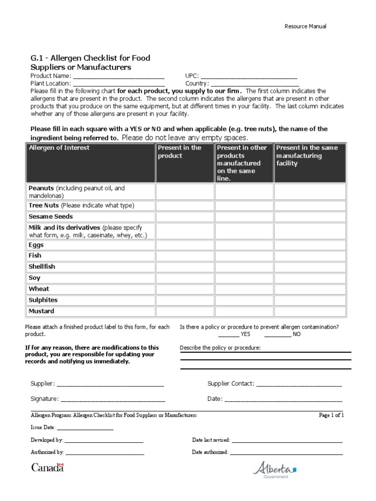 G.1 Allergen Checklist for Food Suppliers or Manufacturers | Cooking ...