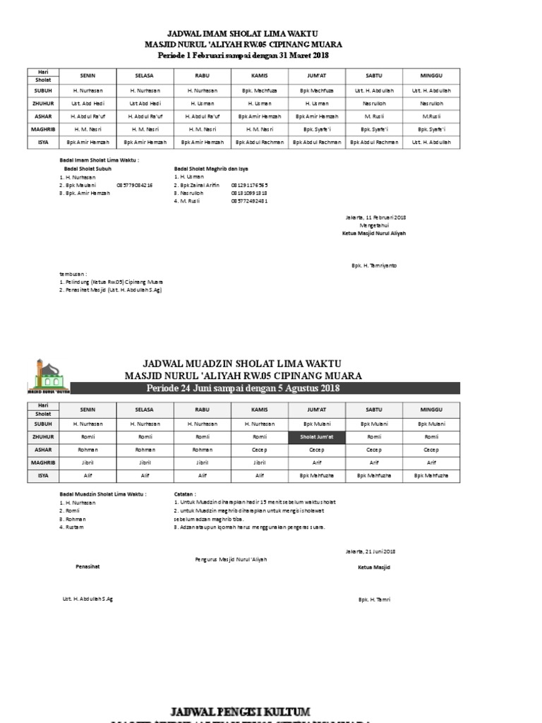 Jadwal Imam Sholat | PDF