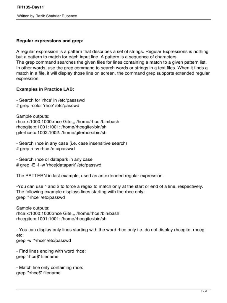 Regular Expressions and Grep:: Written by Razib Shahriar Rubence | Download Free PDF | Regular ...