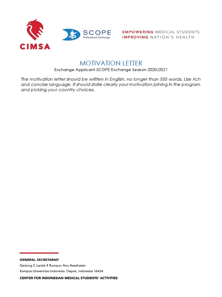 SCOPE CIMSA Exchange Applicant Motivation Letter 2020-2021 | PDF
