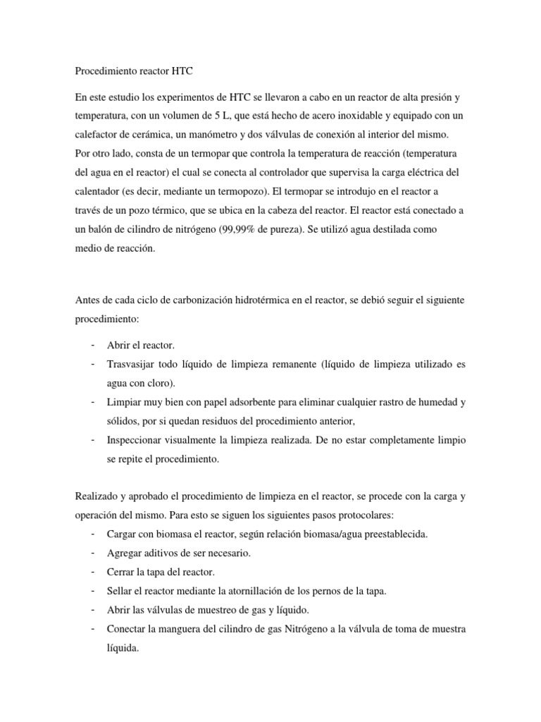 Procedimiento Reactor HTC | PDF | Motor a reacción | Agua