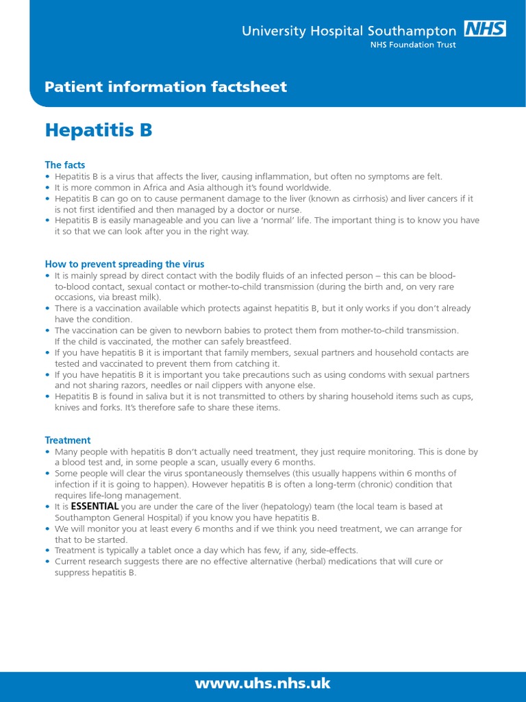 Hepatitis B: Patient Information Factsheet | PDF | Hepatitis B | Hepatitis
