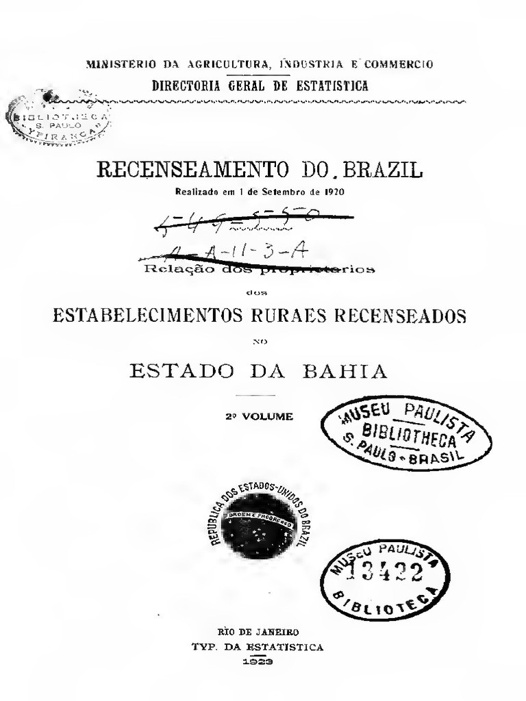Recenseamento Dos Estabelecimentos Rurais Do Brasil - 1920 - Segundo ...
