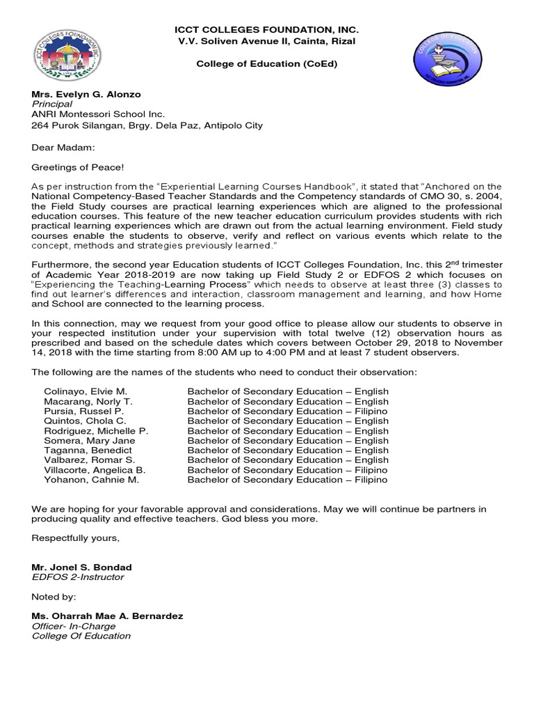 ICCT Colleges Field Study Request | PDF | Teachers | Learning