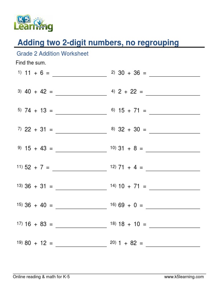 Adding Two 2-Digit Numbers, No Regrouping: Grade 2 Addition Worksheet ...