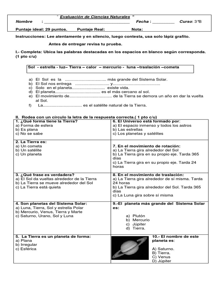 Prueba Del Sistema Solar 3B | PDF | Sistema solar | Planetas