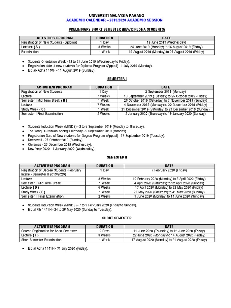 Ump Academic Calendar 2019 2020 PDF | PDF | Academic Term | Educational ...