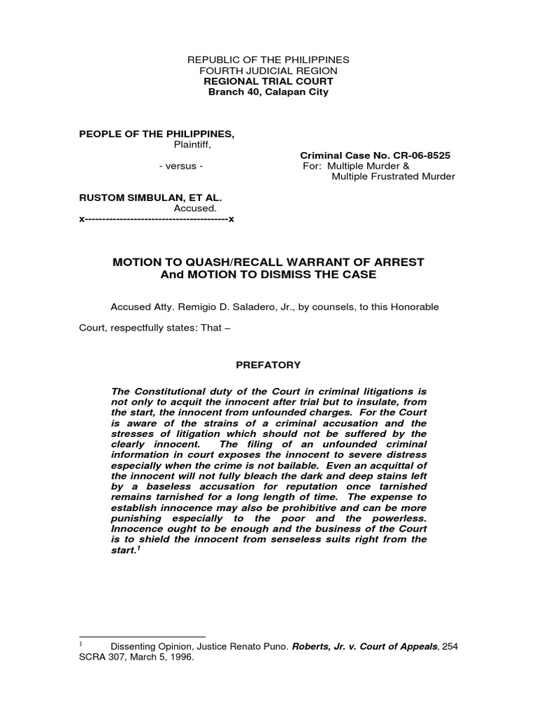 Final Motion To Quash and Dismiss Saladero-3 | PDF | Prosecutor | Arrest