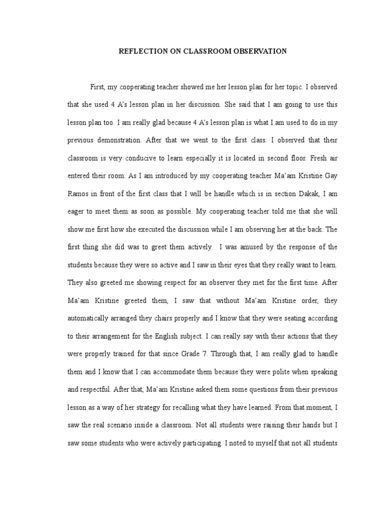 11 Reflection On Classroom Observation | PDF | Classroom | Lesson Plan