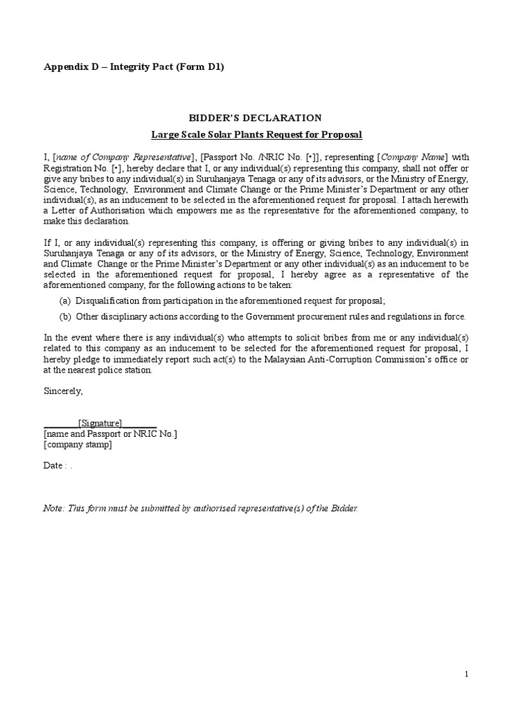 Appendix D - Integrity Pact (Form D1) | PDF | Government | Nature