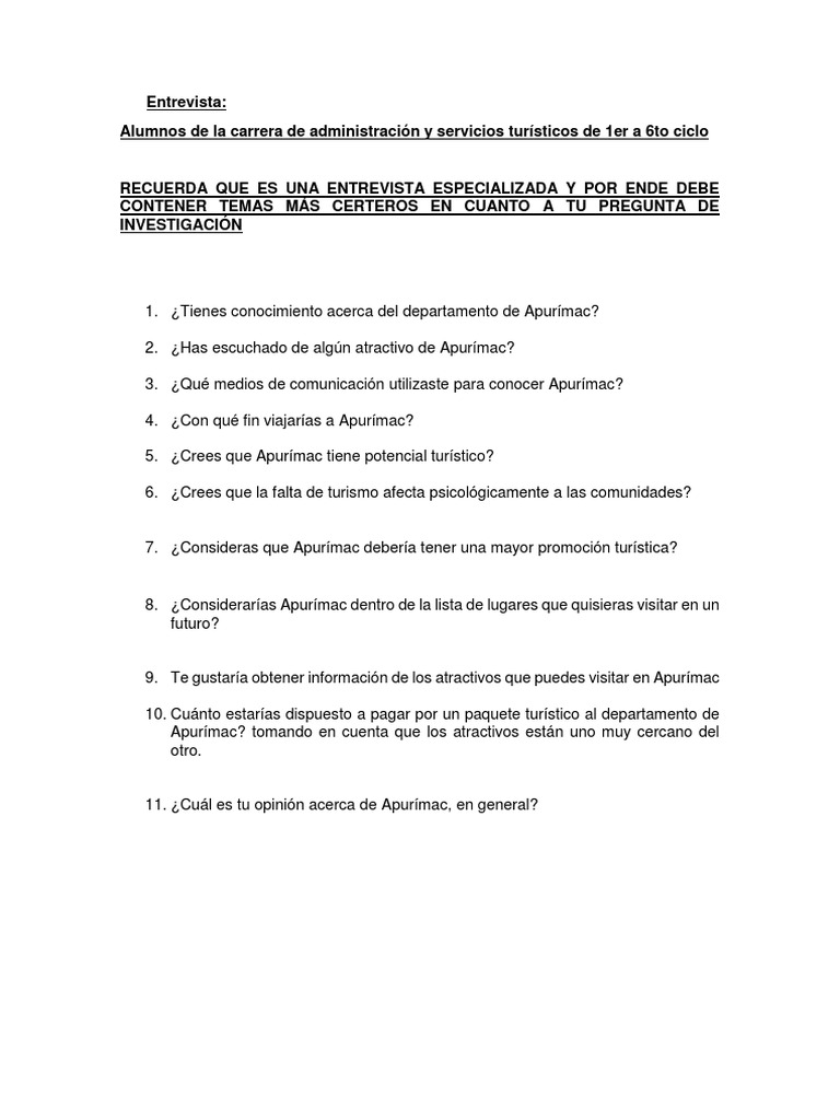 Entrevista-Focus-Group, Encuesta-Apurimac-1 | PDF | Turismo | Economias