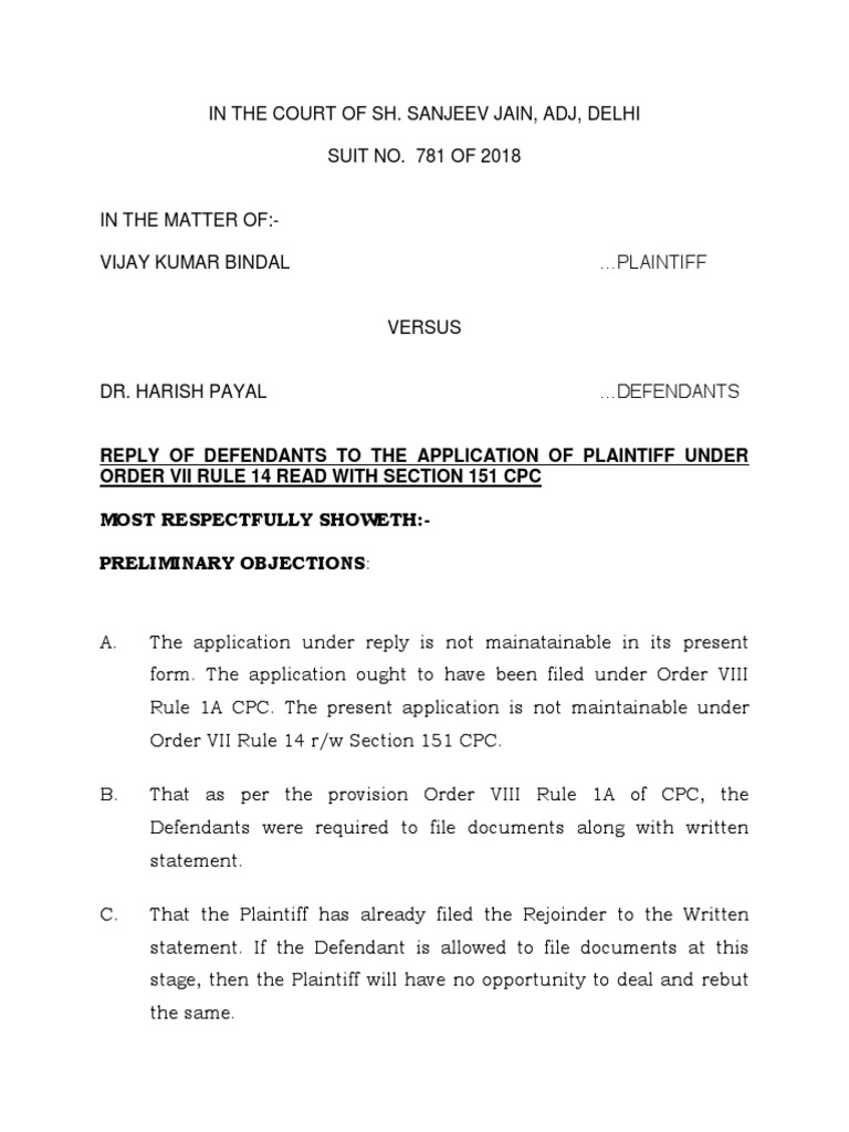 Reply To Order 7 Rule 14 Vijay Bindal | PDF | Lawsuit | Virtue