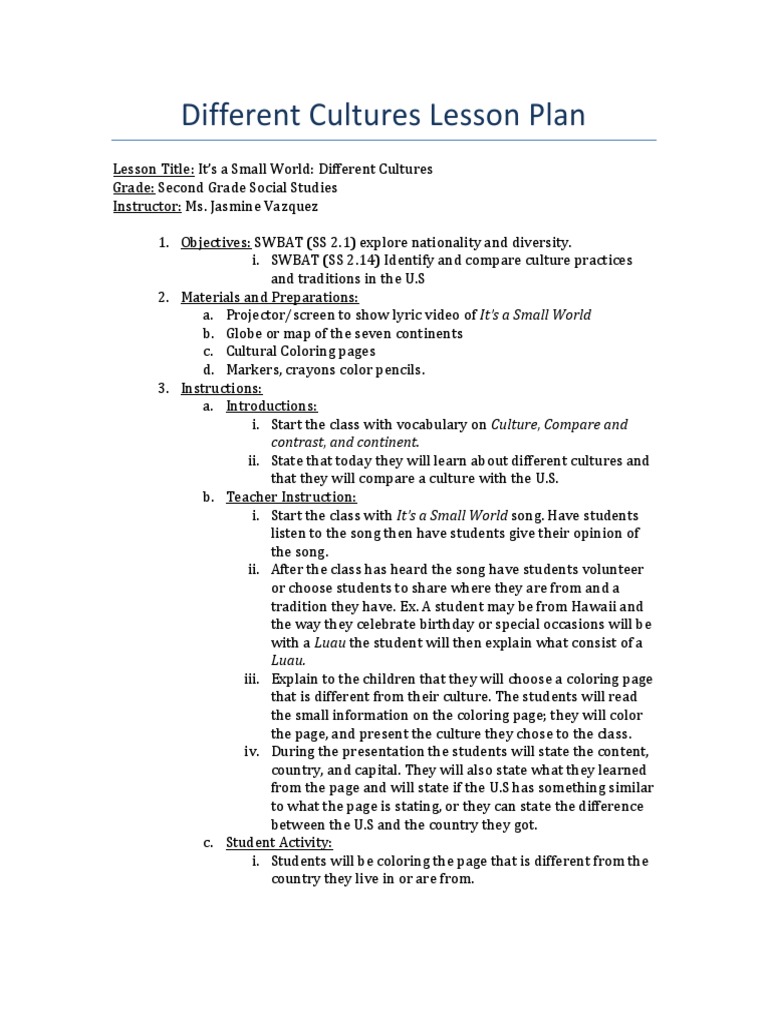Second Grade Cultural Diversity Lesson | PDF | Lesson Plan | Behavior ...