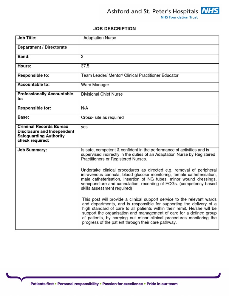 Adaptation Nurse Job Description | PDF | Nursing | Health Care