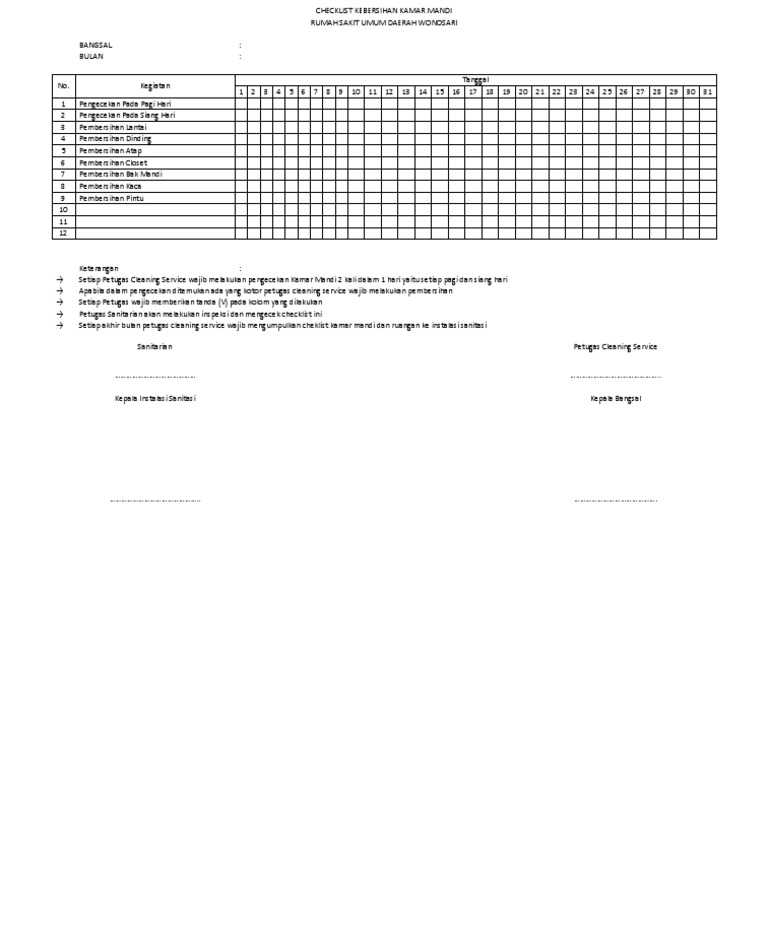 Checklist Kebersihan Kamar Mandi | PDF