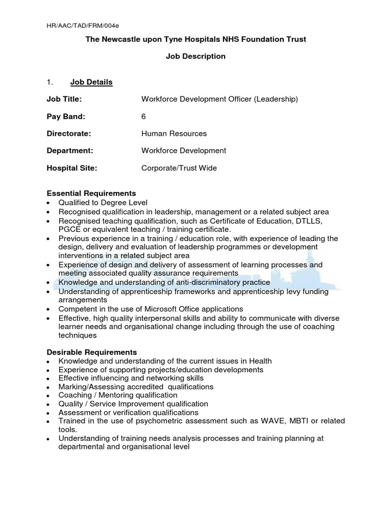 The Newcastle Upon Tyne Hospitals NHS Foundation Trust Job Description ...