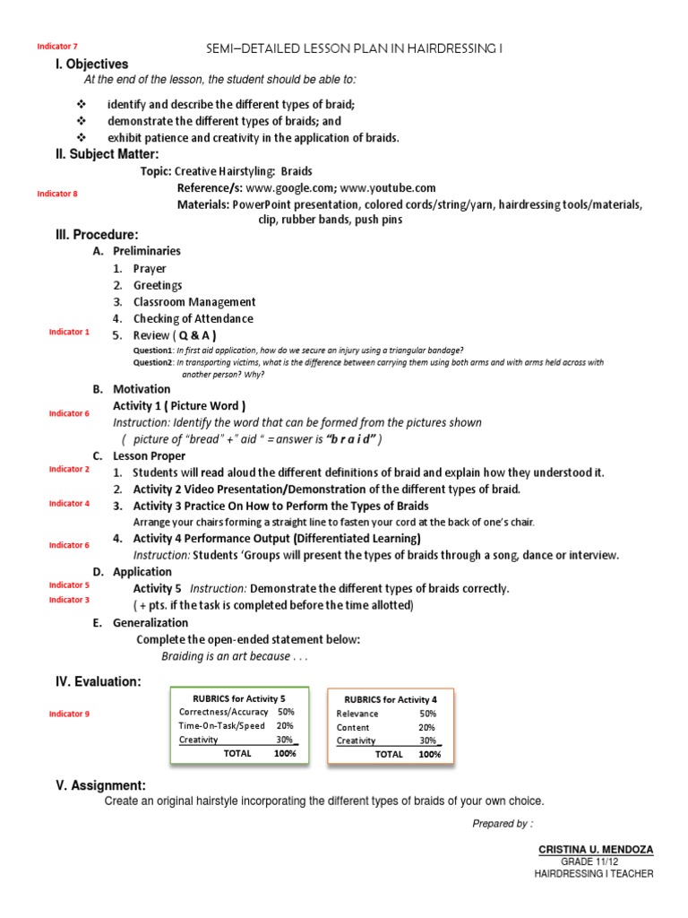 COT Semi-Detailed Lesson Plan in Beauty Care ( Braiding).docx | Lesson ...