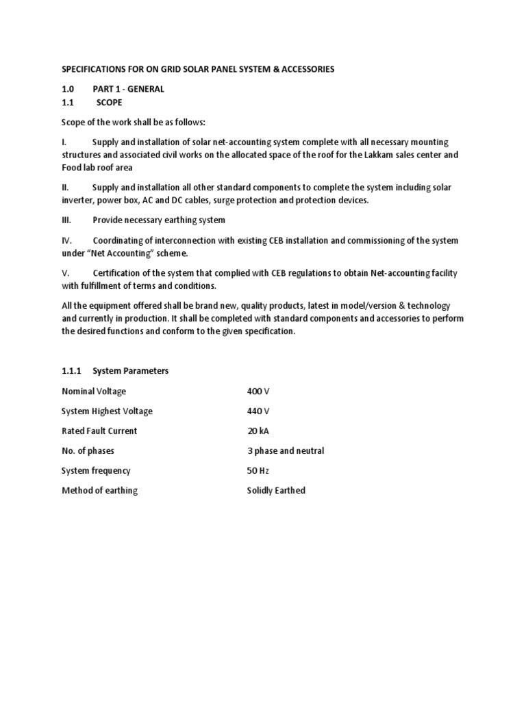 Specifications For On Grid Solar Panel System | PDF | Solar Panel ...