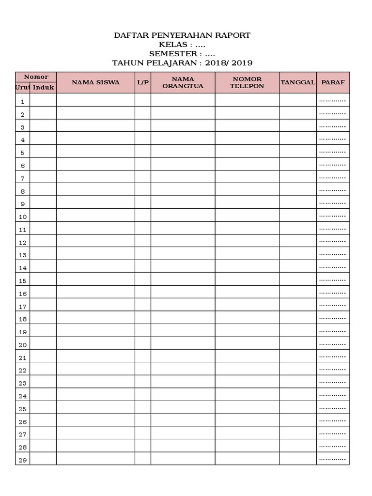Daftar Hadir Penyerahan Raport | PDF
