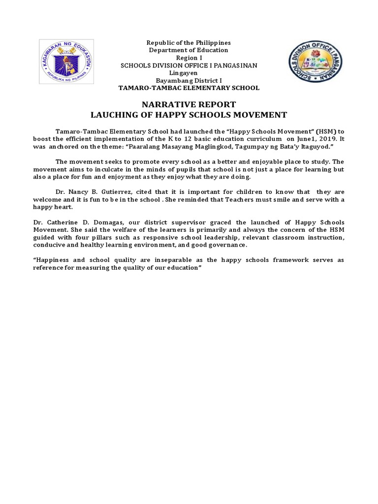 2019 Narrative Report On Happy Schools Movement | PDF