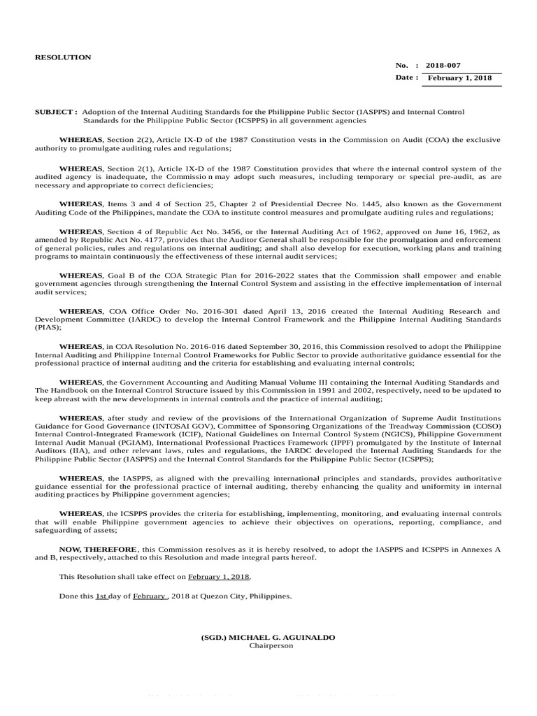 COA Resolution 2018-07 | PDF | Internal Audit | Internal Control