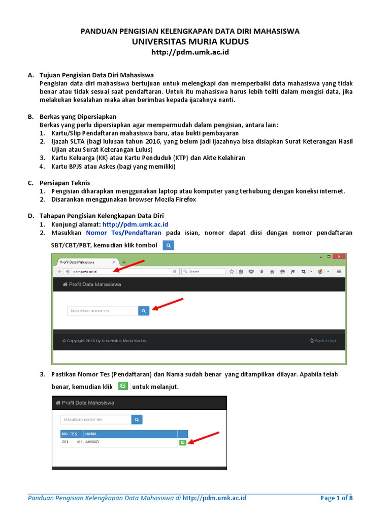 Universitas Muria Kudus: Panduan Pengisian Kelengkapan Data Diri Mahasiswa | PDF