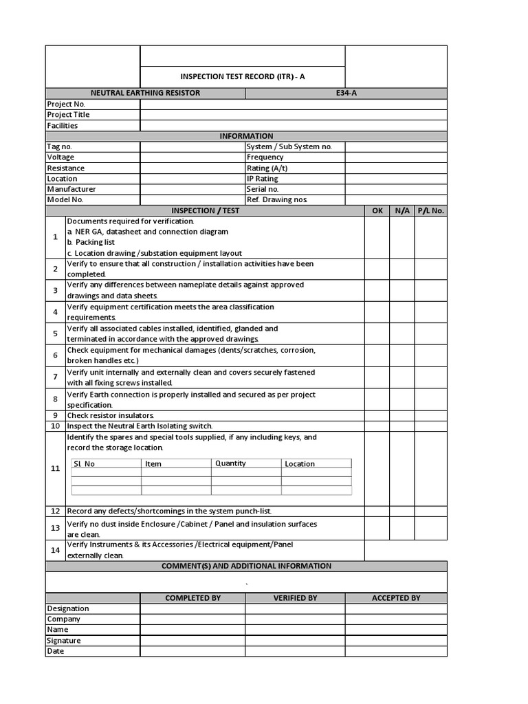 Neutral Earthing Resistor E34-A Inspection Test Record (Itr) - A | PDF ...
