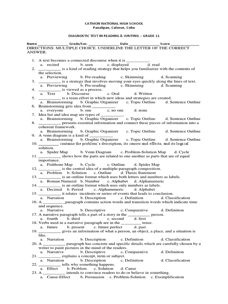 Diagnostic Test in Reading & Writing | PDF | Speed Reading | Narration