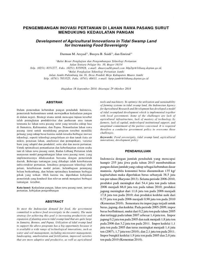 ID Pengembangan Inovasi Pertanian Di Lahan Rawa Pasang Surut Mendukung Kedaulatan P | PDF ...