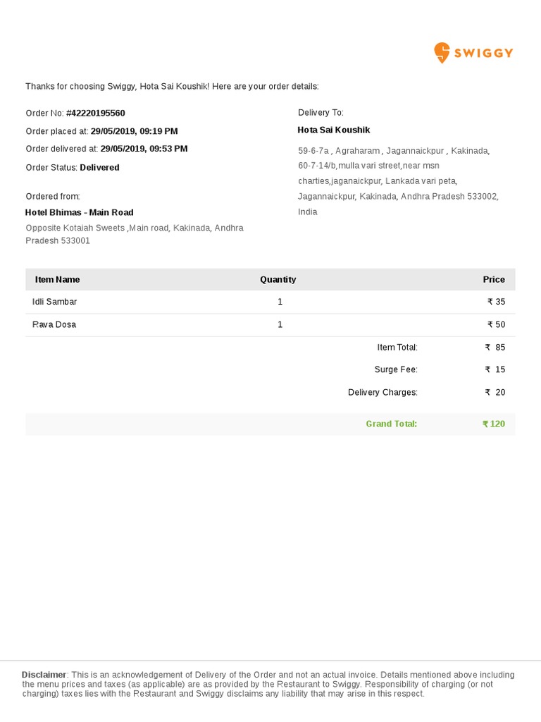 Swiggy Order 42220195560 PDF | PDF | Fee | Invoice