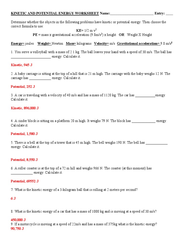 Kinetic and Potential Energy Worksheet | PDF | Weight | Kinetic Energy