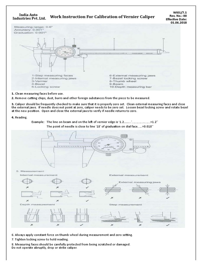 Work Instruction For Calibration of Vernier Caliper: India Auto ...