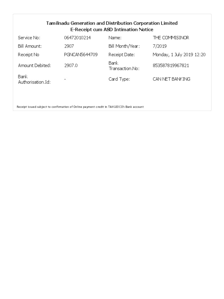 TANGEDCO July 2019 E-Receipt Notice | PDF