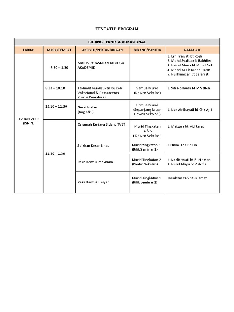 Tentatif Program Minggu Akademik 2019 | PDF