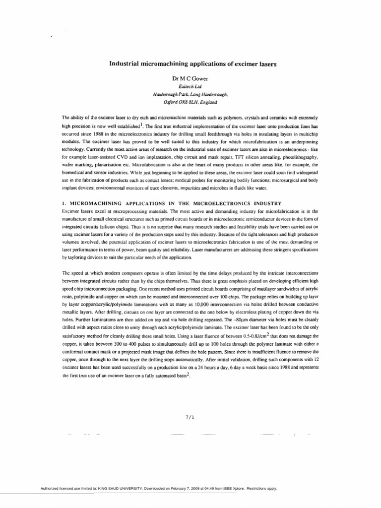 Industrial Micro Machining Applications of Excimer Lasers | PDF ...