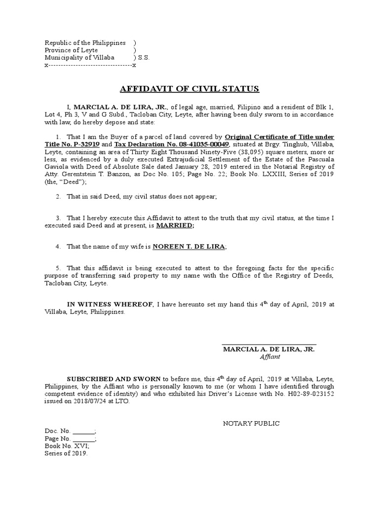 Affidavit of Civil Status (De Lira) 4.4.19 | PDF