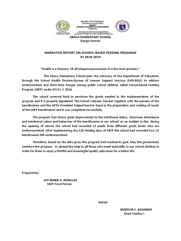 Narrative Report On School-Based Feeding Program SY 2018-2019 | PDF | Social Science | Wellness