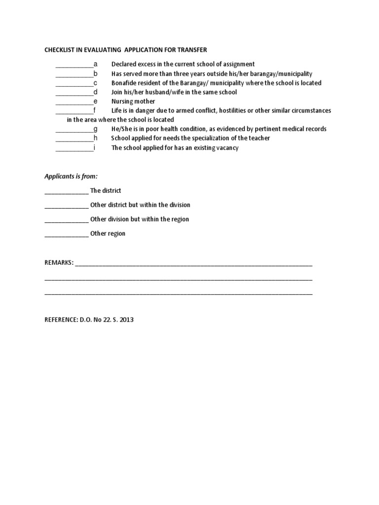 Checklist in Evaluating Application For Transfer | PDF