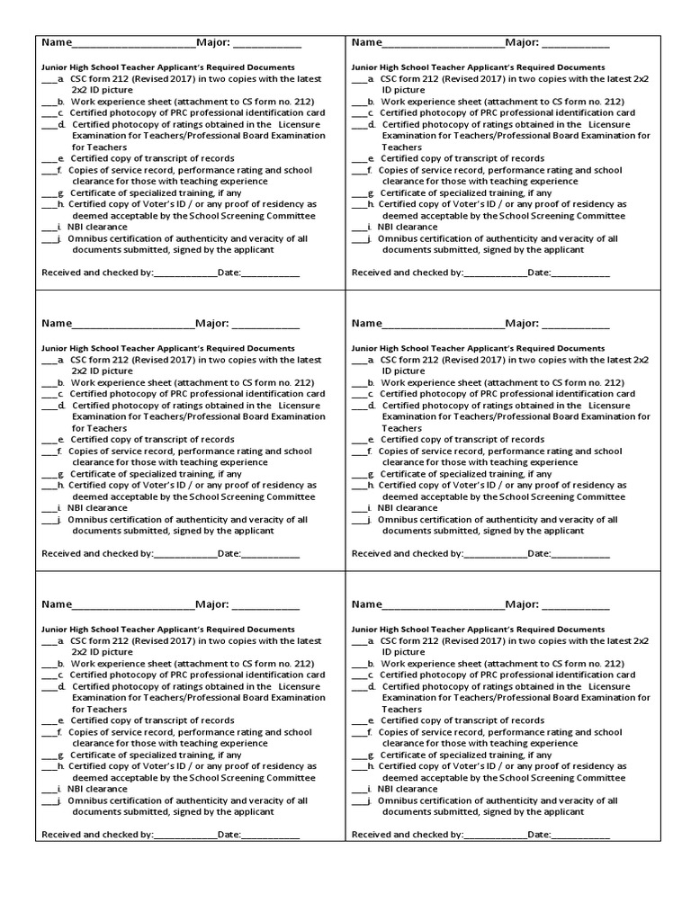 Checklist For Teacher Applicant Pdf Identity Document Document