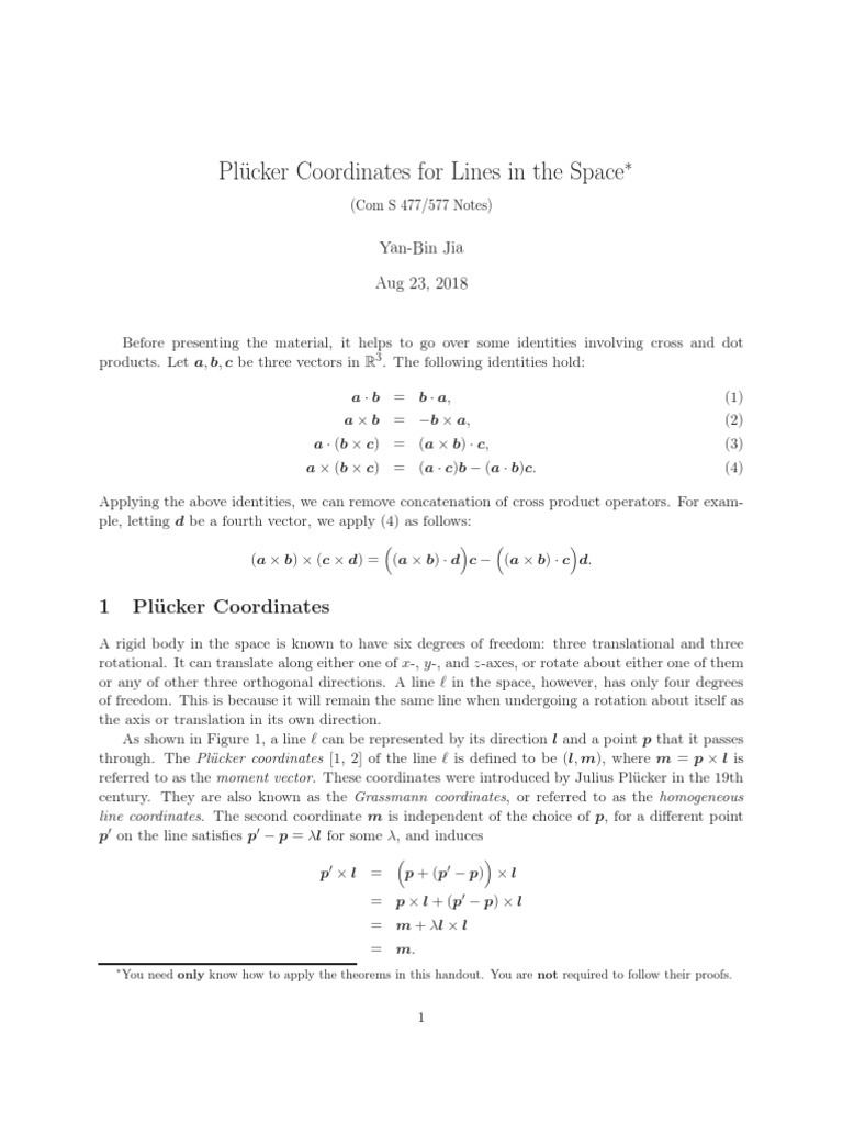 Plücker Coordinates For Lines In Space An Introduction To Representing