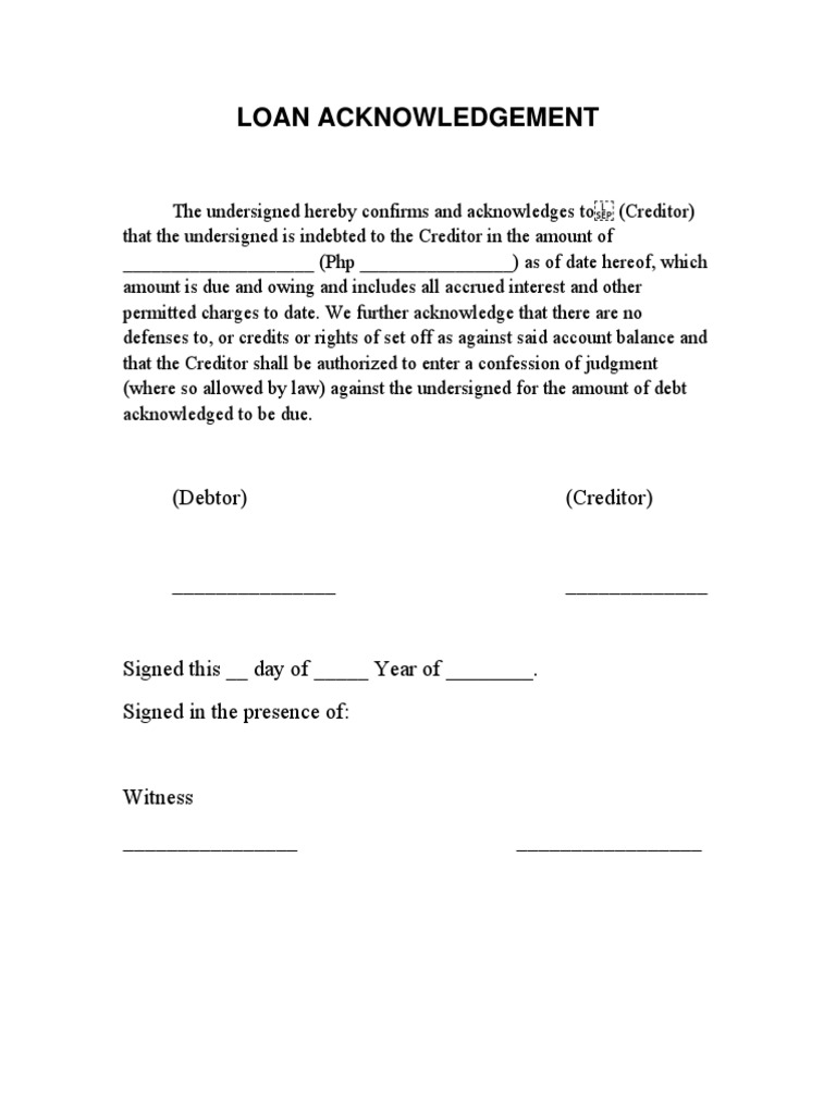 Loan Acknowledgement: (Debtor) (Creditor) | PDF | Debtor | Loans