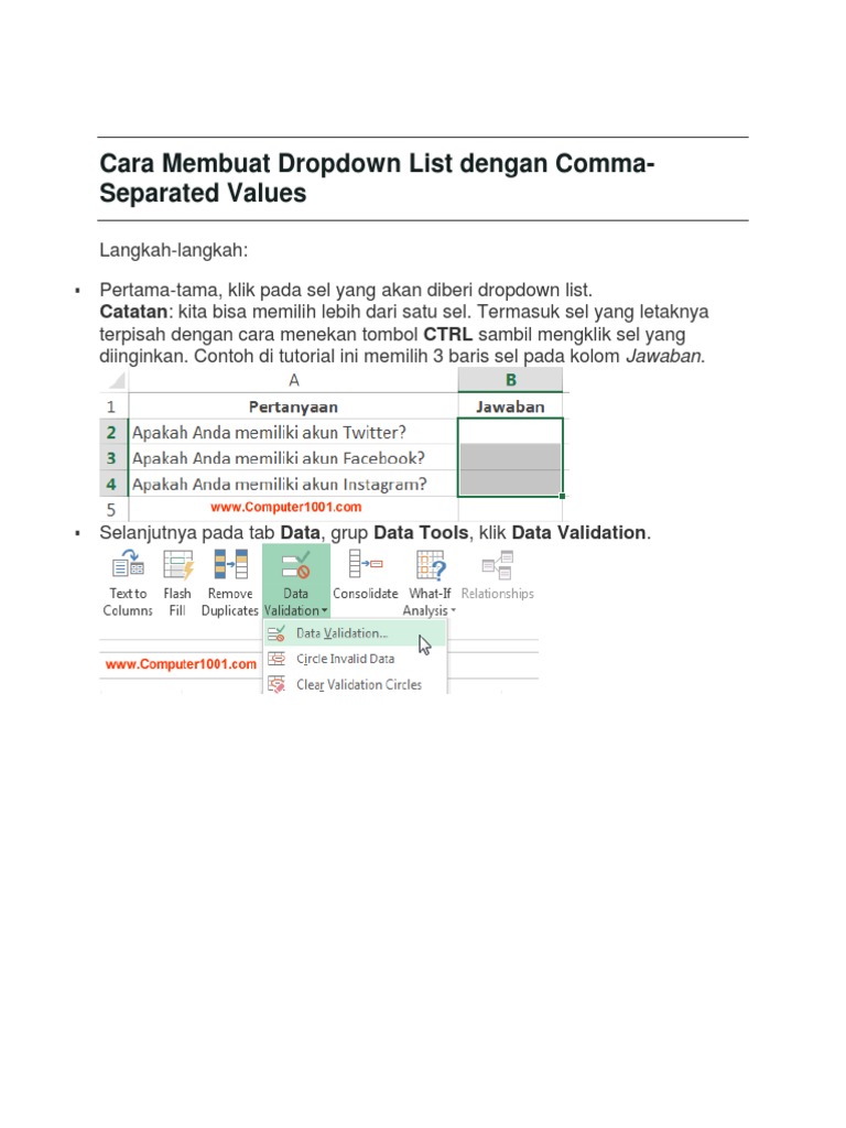 Cara Membuat Dropdown List Dengan Comma-Separated Values | PDF
