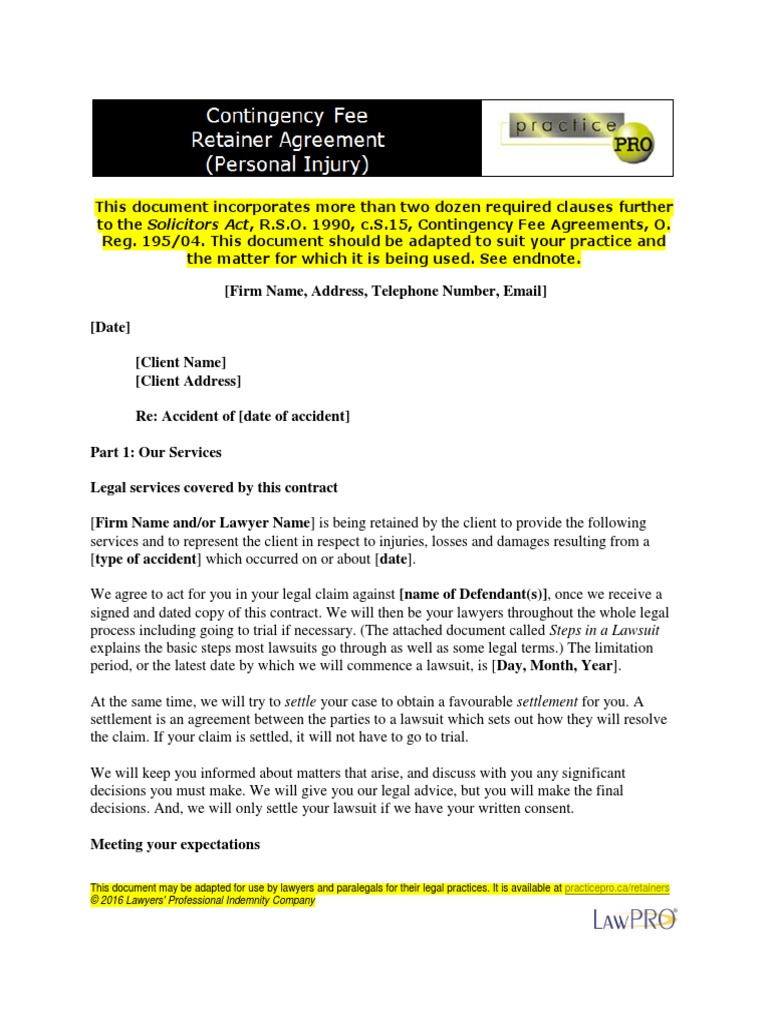 Contingency Fee Retainer Agreement (Personal Injury) | PDF | Costs In English Law | Settlement ...