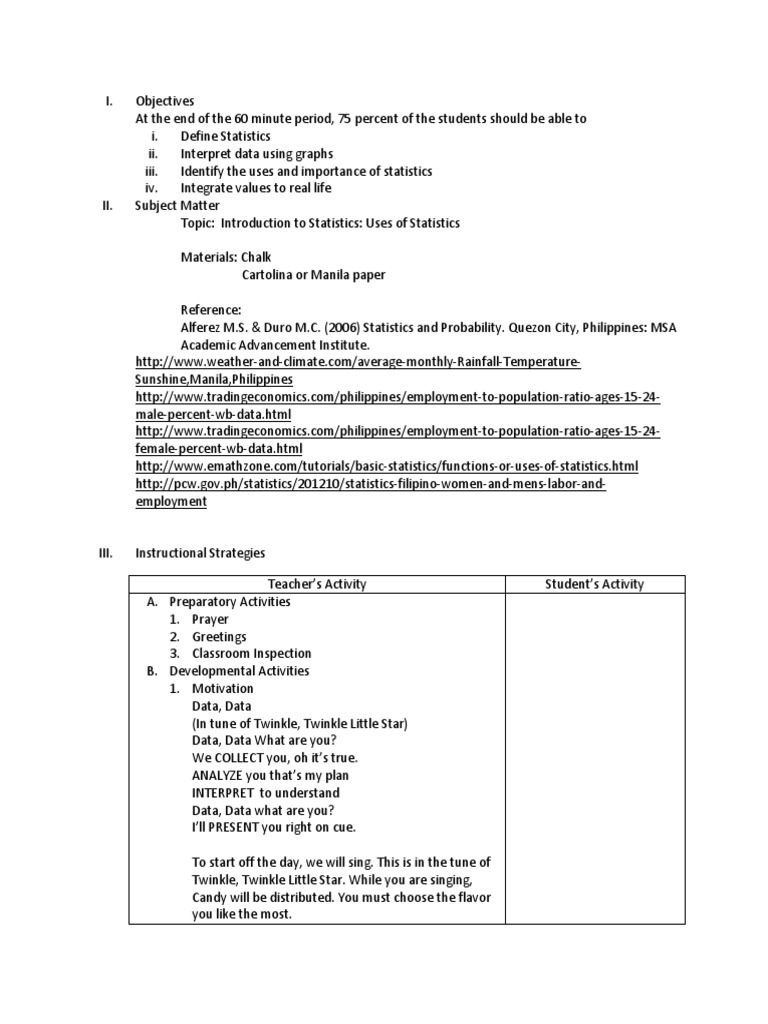 A Detailed Lesson Plan On Introduction To Statistics | PDF | Chart ...