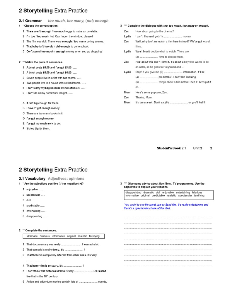 2 Storytelling Extra Practice: Too Much, Too Many, (Not) Enough | PDF